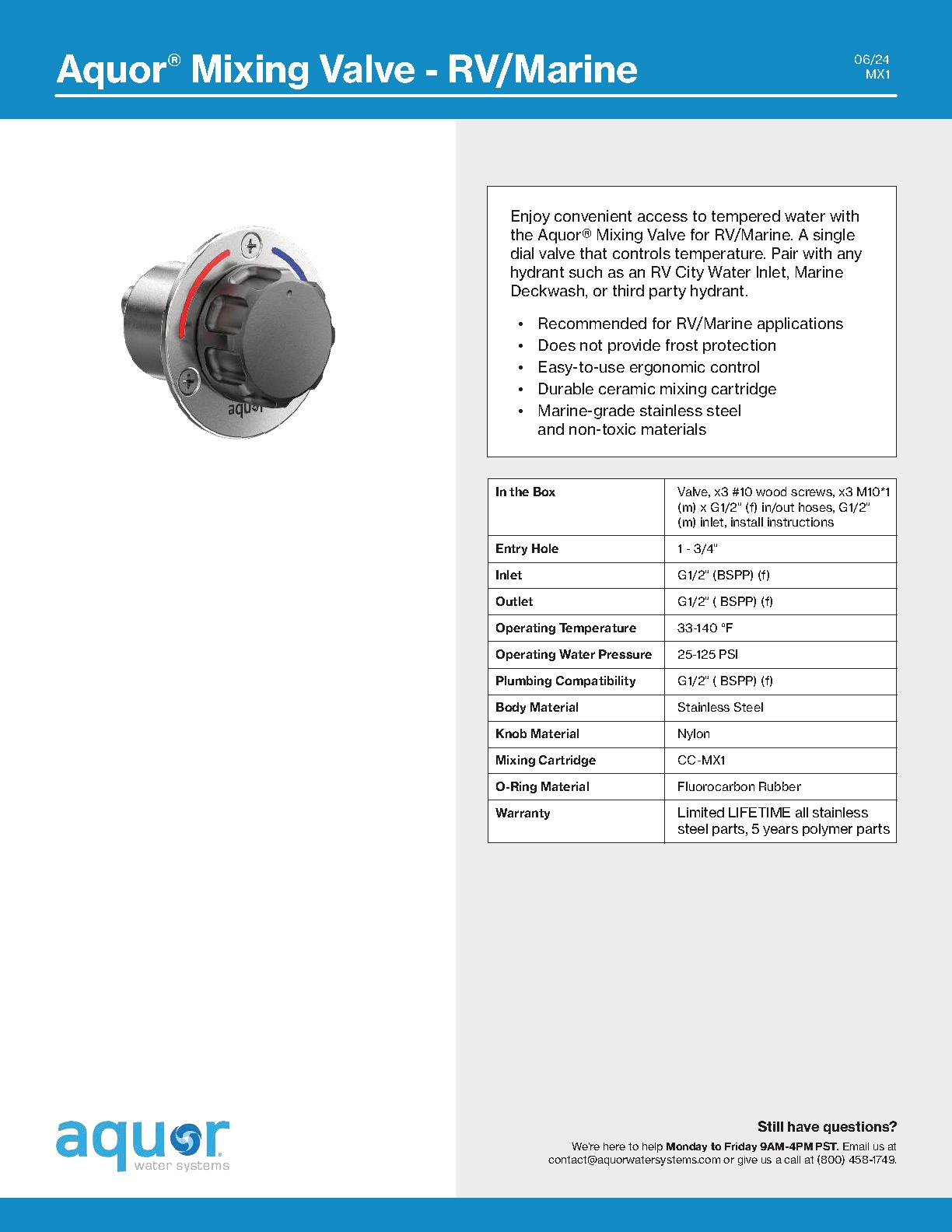 Mixing Valve - RV/Marine Install Guide and Spec Sheet PDF / Aquor Water ...